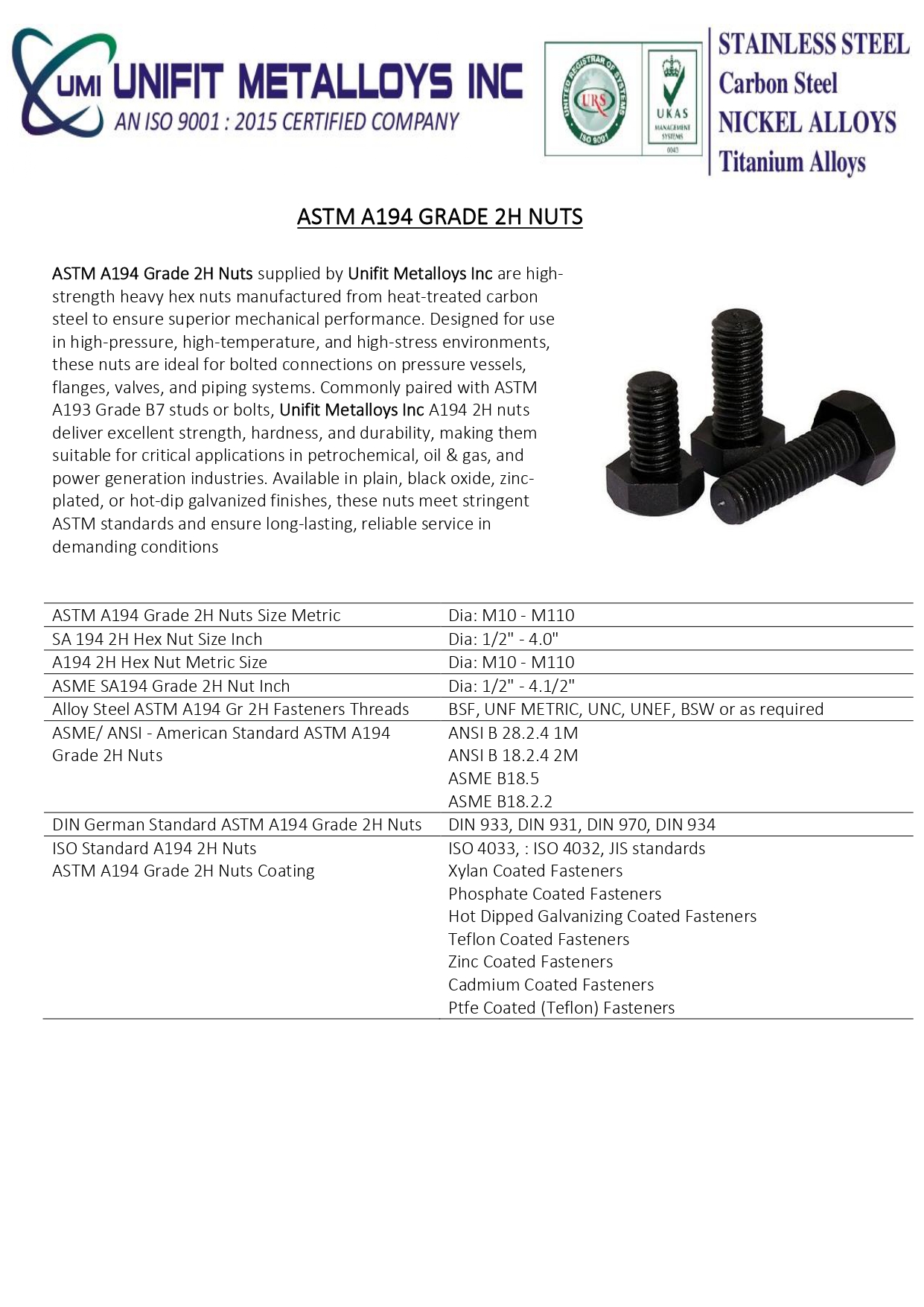Catalogue for Bolts, Nuts, Washers, Studs & Gaskets PDF | Unifit Fasteners